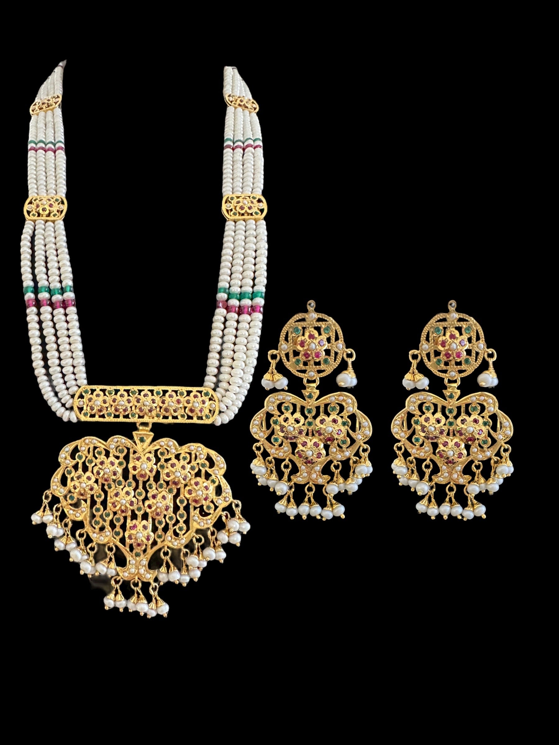 Rani haar in ruby emerald with fresh water pearls - gold plated silver ...