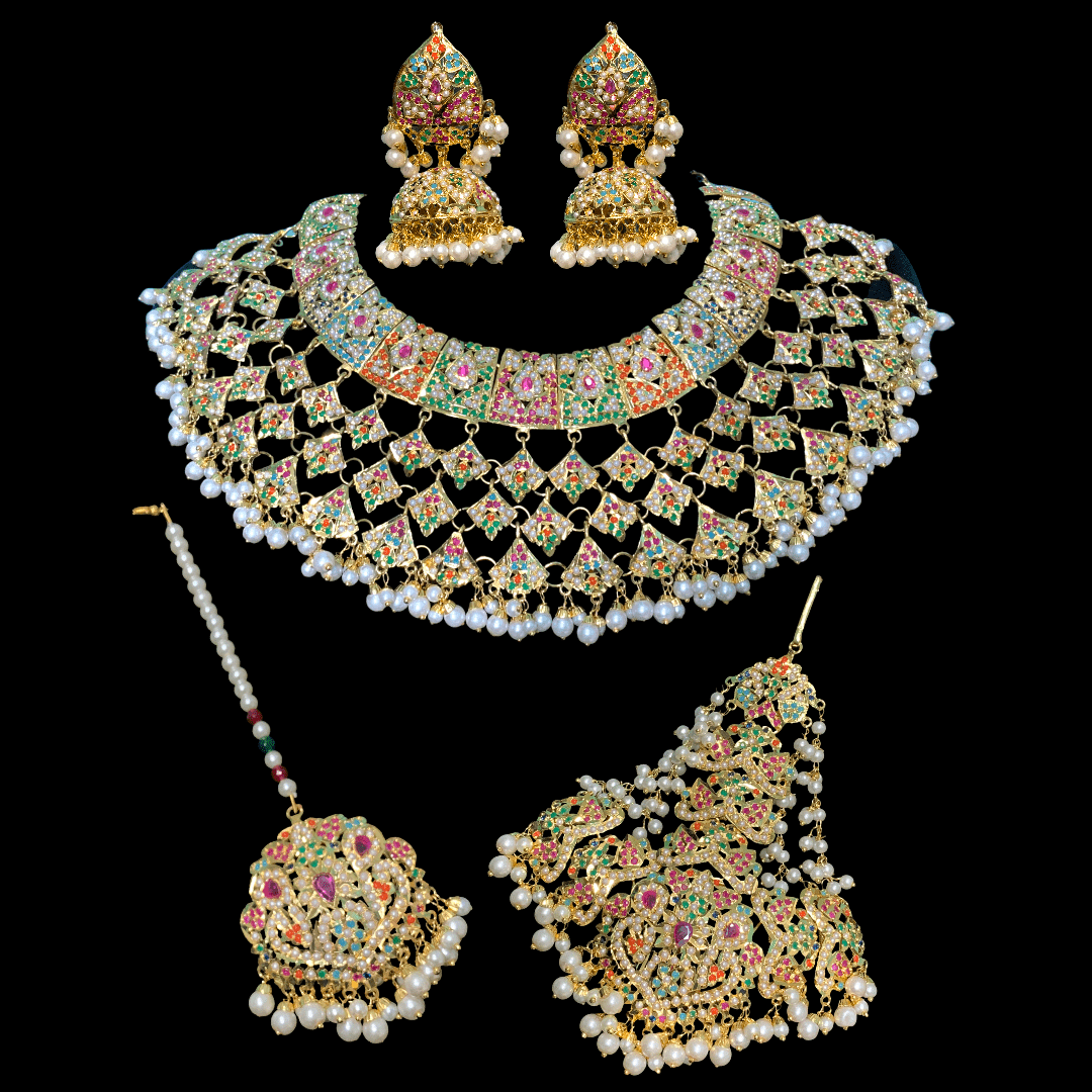 BR91 Hunza Navratan jadau bridal set ( SHIPS IN 4 WEEKS ) – Deccan Jewelry
