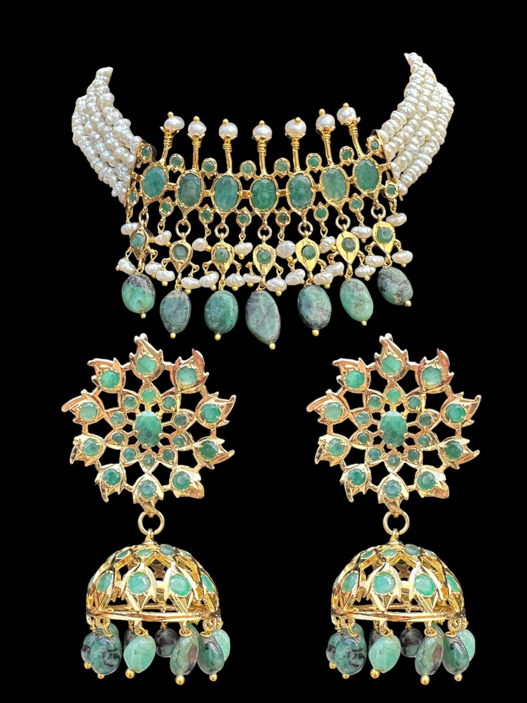 C242 Tirmani in choker style with jhumka in fresh water pearls and eme ...
