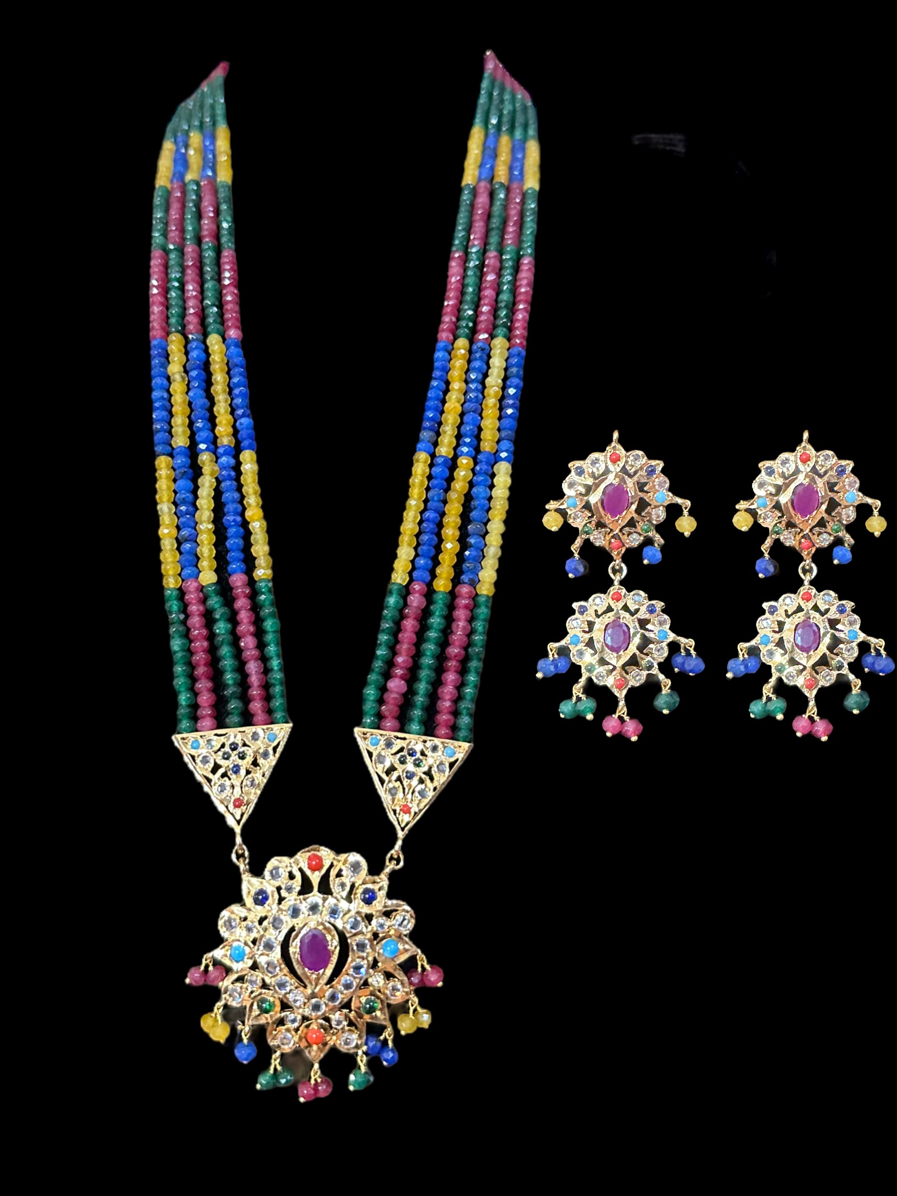 DLN16 Navratan rani haar with earrings ( READY TO SHIP ) – Deccan Jewelry
