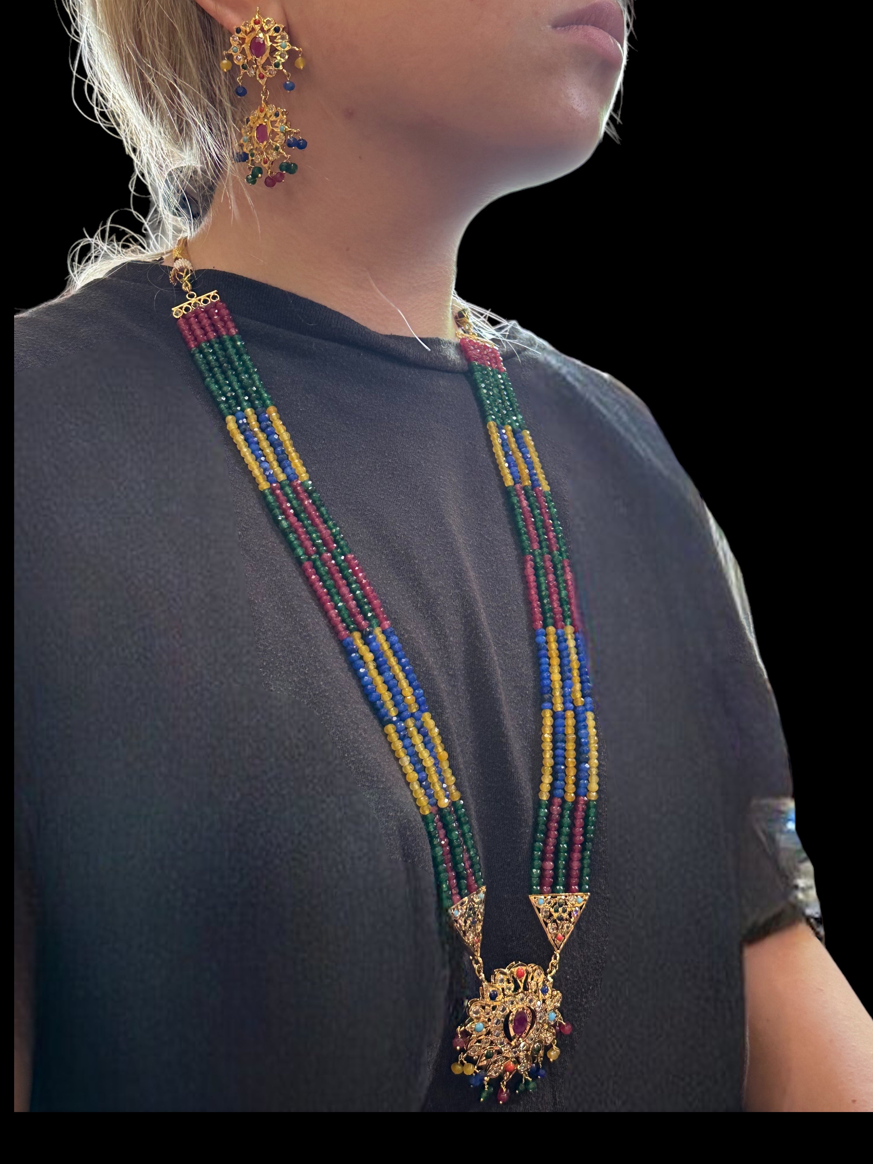 DLN16 Navratan rani haar with earrings ( READY TO SHIP ) – Deccan Jewelry