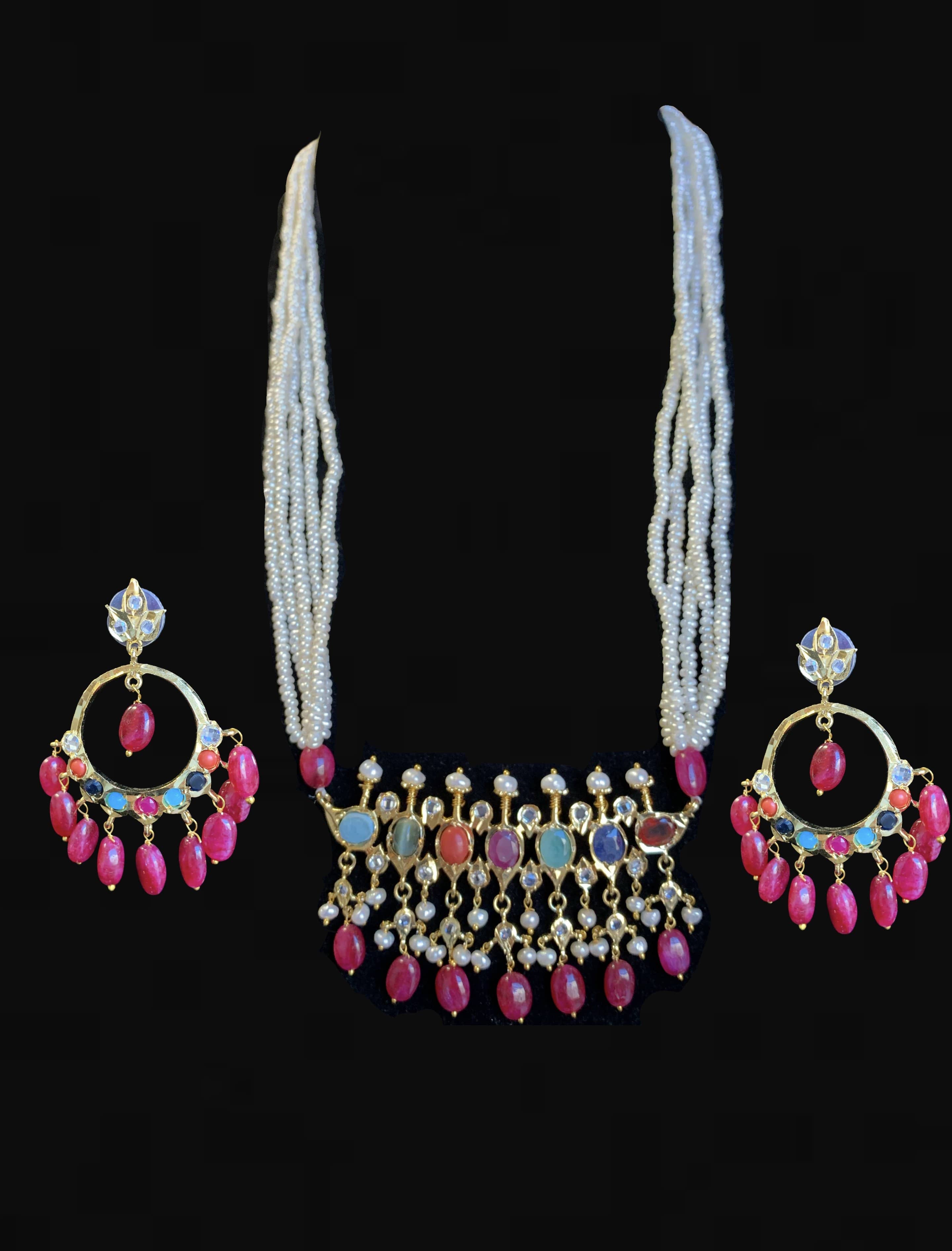 PS509 Tirmani Necklace in Navratan with Freshwater Pearls and Chandbal ...